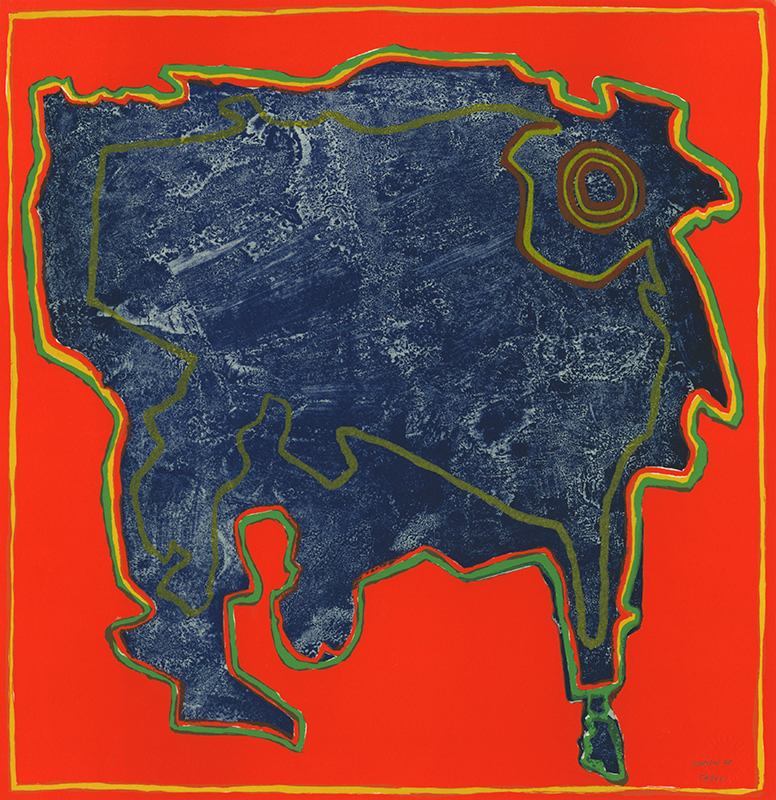 Bete (Abstract animal in navy blue against red) by Jacques Soisson ...